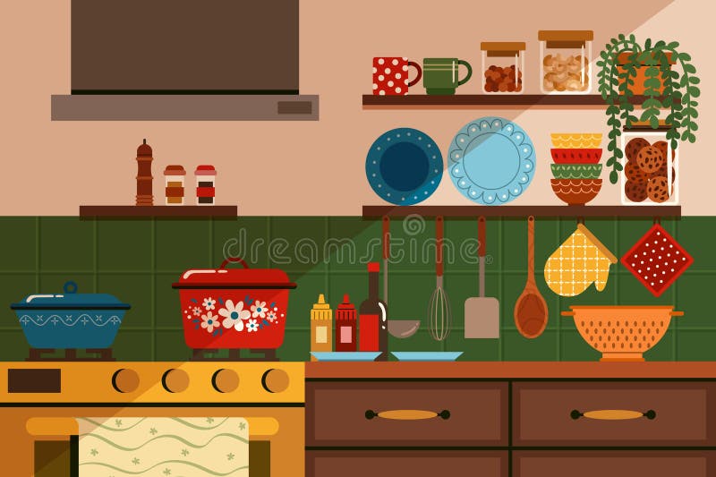 Kitchen Utensils Flat Cartoon Illustration Composition Stock Vector ...