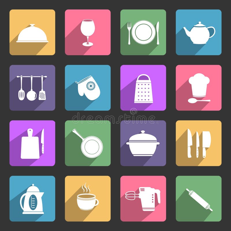 Kitchen Utensils Flat Icons Stock Vector - Illustration of glass, mixer ...