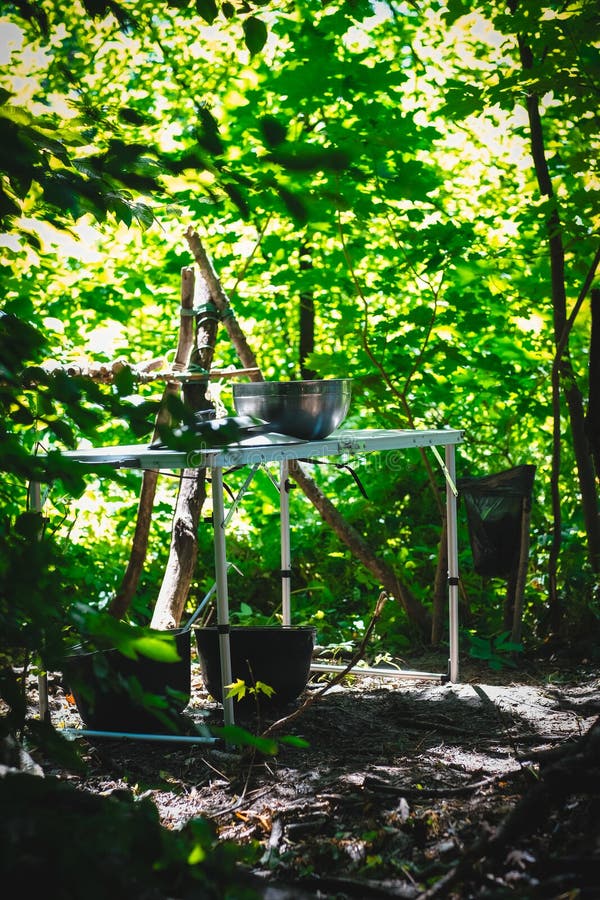 Kitchen Utensils in the Forest on a Table among Green Trees on a Picnic ...