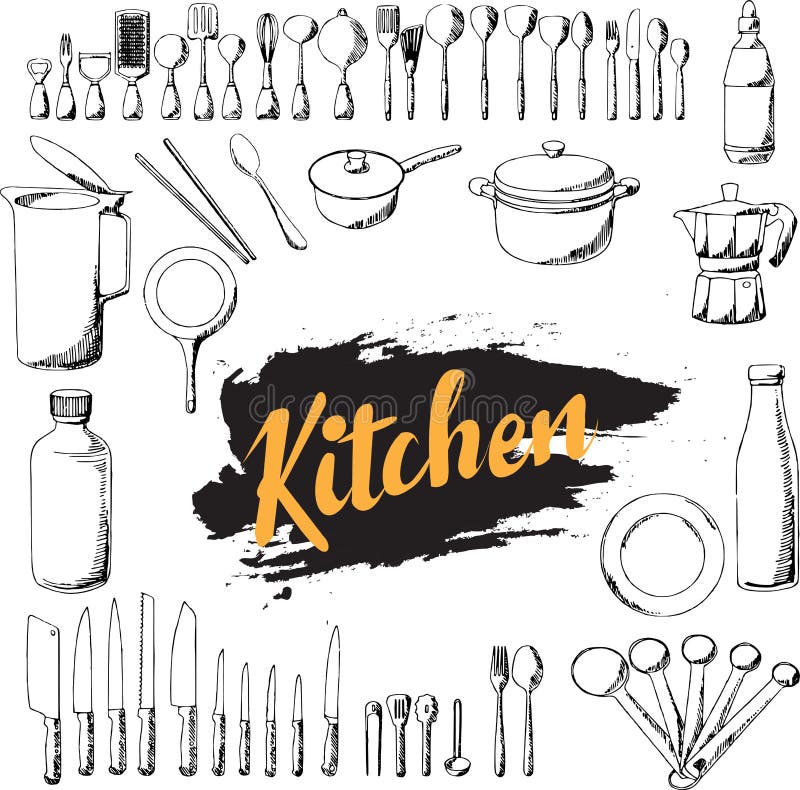 Kitchen Utensils Hand Draw Set, Stock Vector - Illustration of design ...