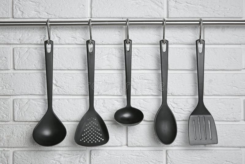 Utensils Hanging in Commercial Kitchen Stock Image - Image of hanging ...