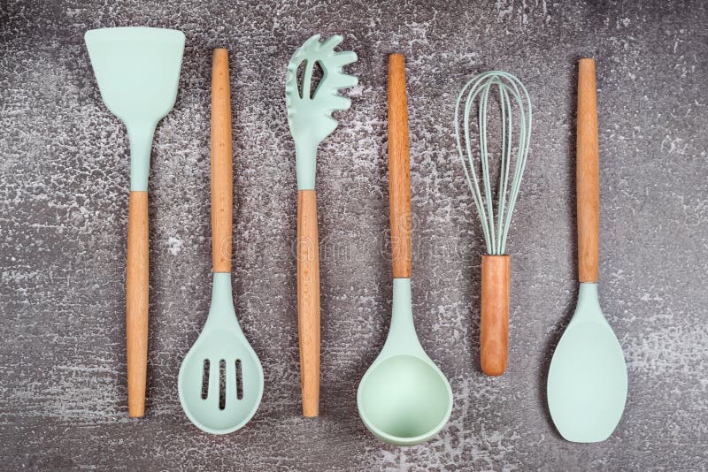 Kitchen Utensils, Home Kitchen Tools, Mint Rubber Accessories on Dark ...