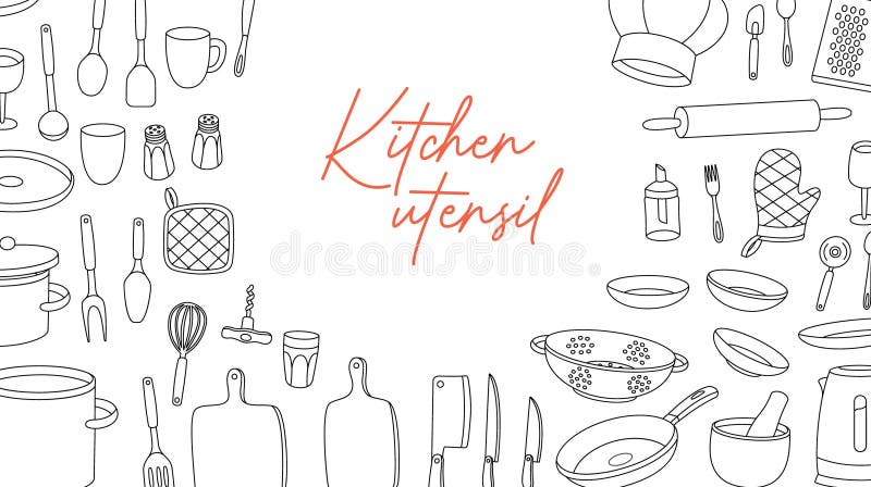 Kitchen Utensils Horizontal Outline Banner. Kitchenware and Cutlery ...