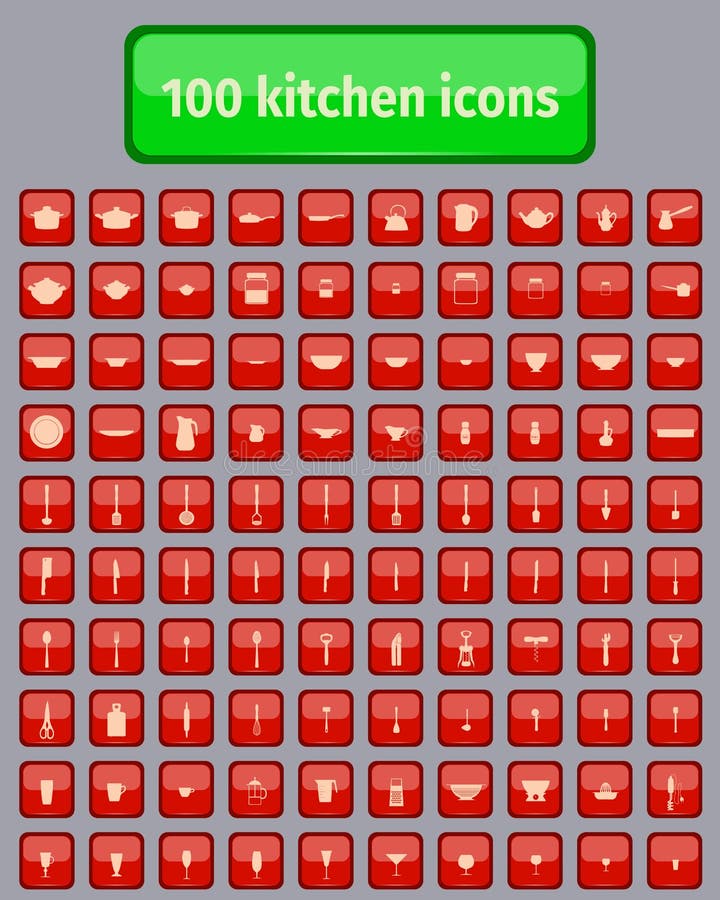 Kitchen Utensils Icons on a Red Buttons Stock Vector - Illustration of ...