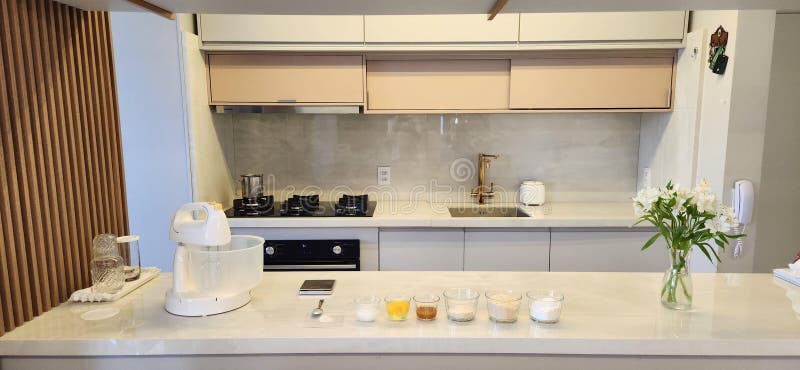 Kitchen with Utensils and Ingredients Stock Photo - Image of sink ...