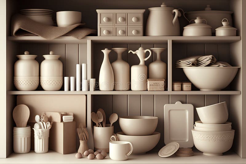 Kitchen Utensils and Kitchenware on the Shelves. 3d Rendering Stock ...