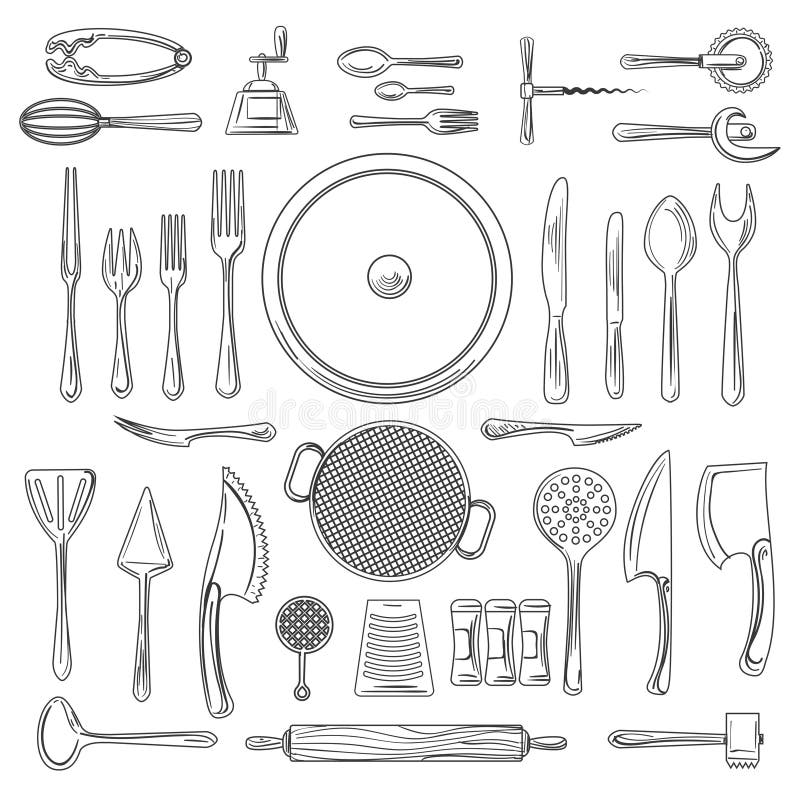 Kitchen Utensils or Kitchenware Sketch Stock Vector - Illustration of ...