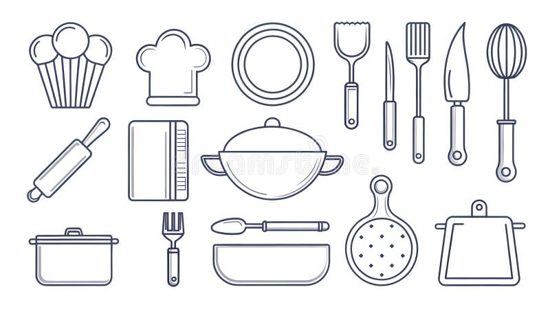 Kitchen Utensils Line Icons Stock Illustration - Illustration of bowl ...