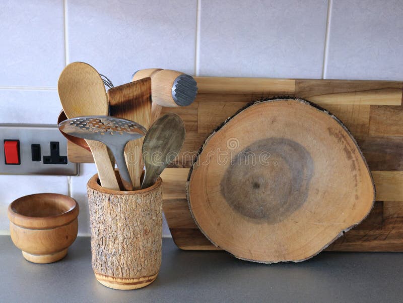 Kitchen Utensils Made of Wood in Kitchen Stock Image - Image of food ...