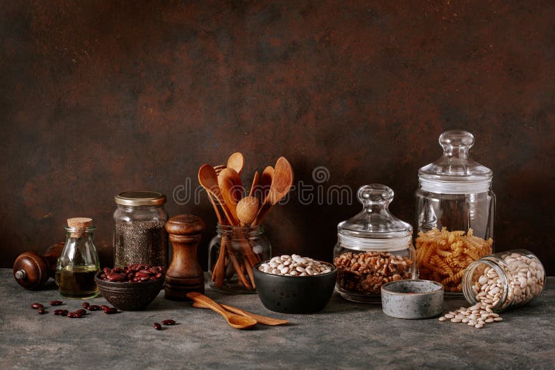 Kitchen Utensils on Modern Simple Counter, Kitchenware Jars with Dry ...