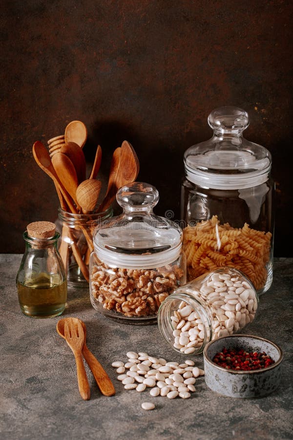 Kitchen Utensils on Modern Simple Counter, Kitchenware Jars with Dry ...