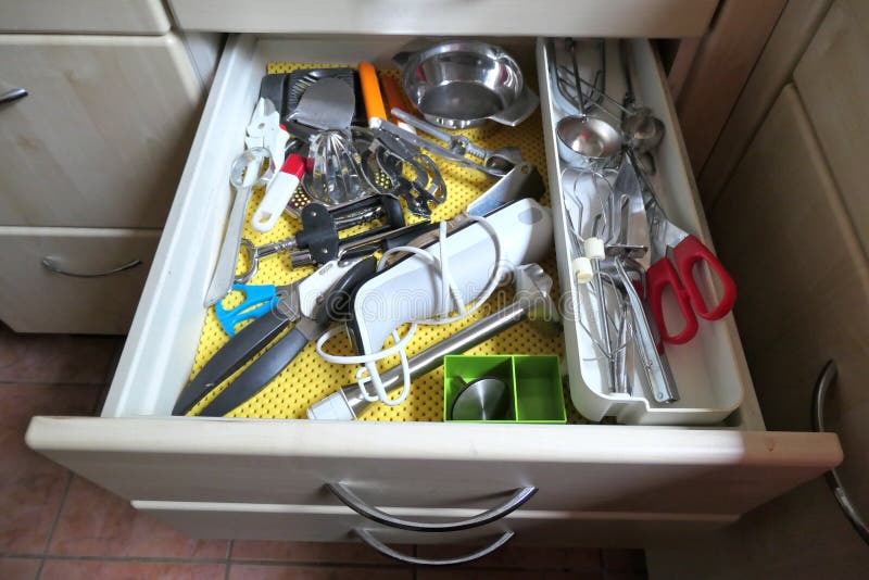 Kitchen Utensils in an Open Drawer Stock Image - Image of chaos, sorted ...
