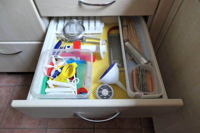 Kitchen Utensils in an Open Drawer Stock Image - Image of objects, ends ...
