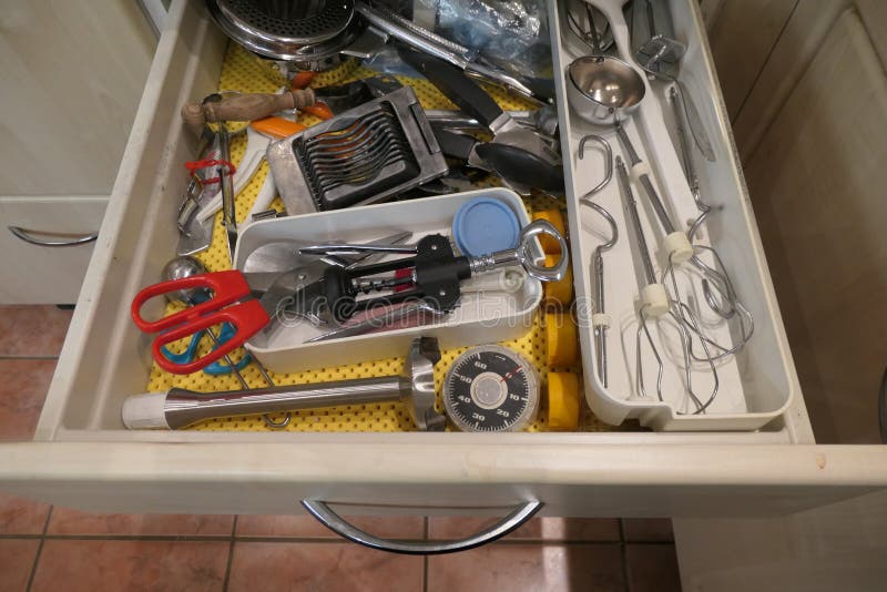 Kitchen Utensils in an Open Drawer Stock Photo - Image of kitchen ...