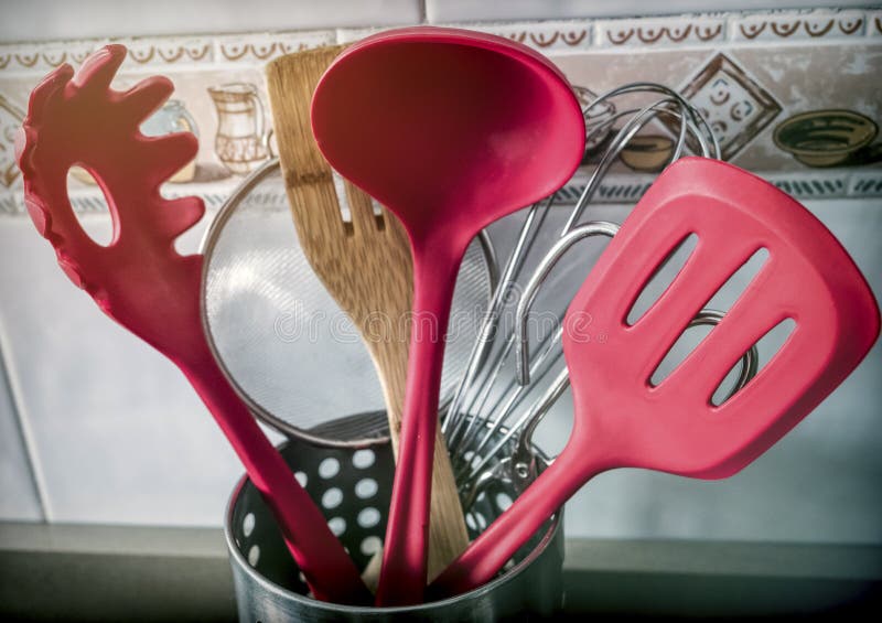 Kitchen Utensils of Red Color in a Kitchen Stock Image - Image of food ...