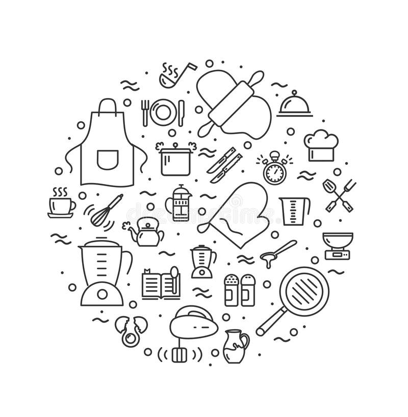 Kitchen Utensils Round Design Template Thin Line Icon Concept. Vector ...