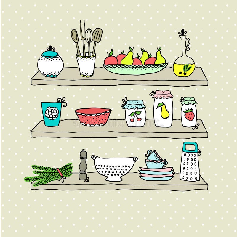 Kitchen Utensils on Shelves, Sketch Drawing Stock Vector - Illustration ...