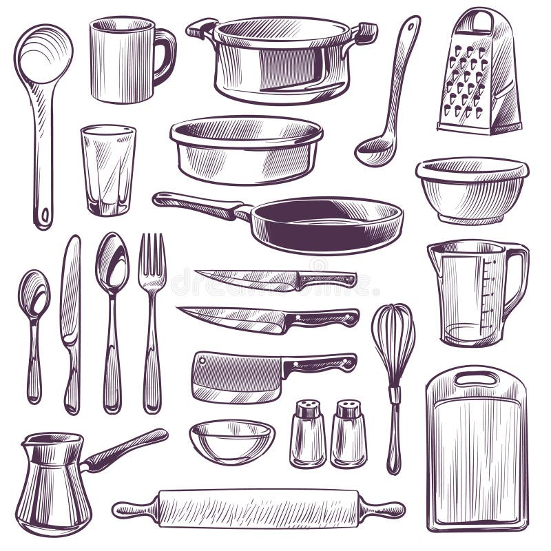 Kitchen Utensils Sketch Drawing Stock Illustrations 3 084 Kitchen