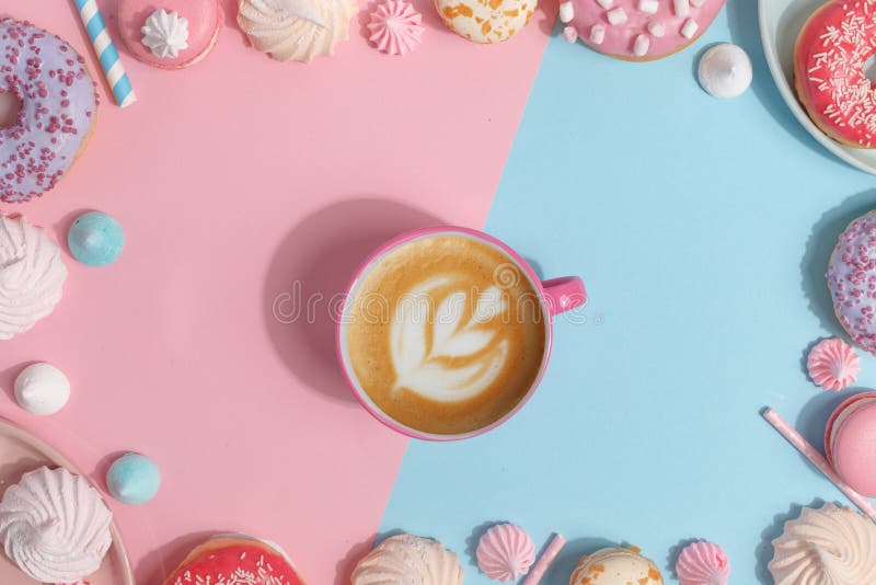 Kitchen Utensils and Tools, Pastries and Sweets on a Pink and Blue ...