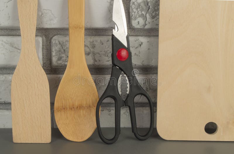 Kitchen Utensils and Tools - Scissors, Boards, Spoons. Copy Space Stock ...
