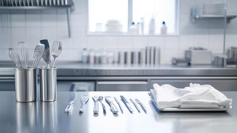Kitchen Utensils and Tools on Stainless Steel Countertop Stock ...