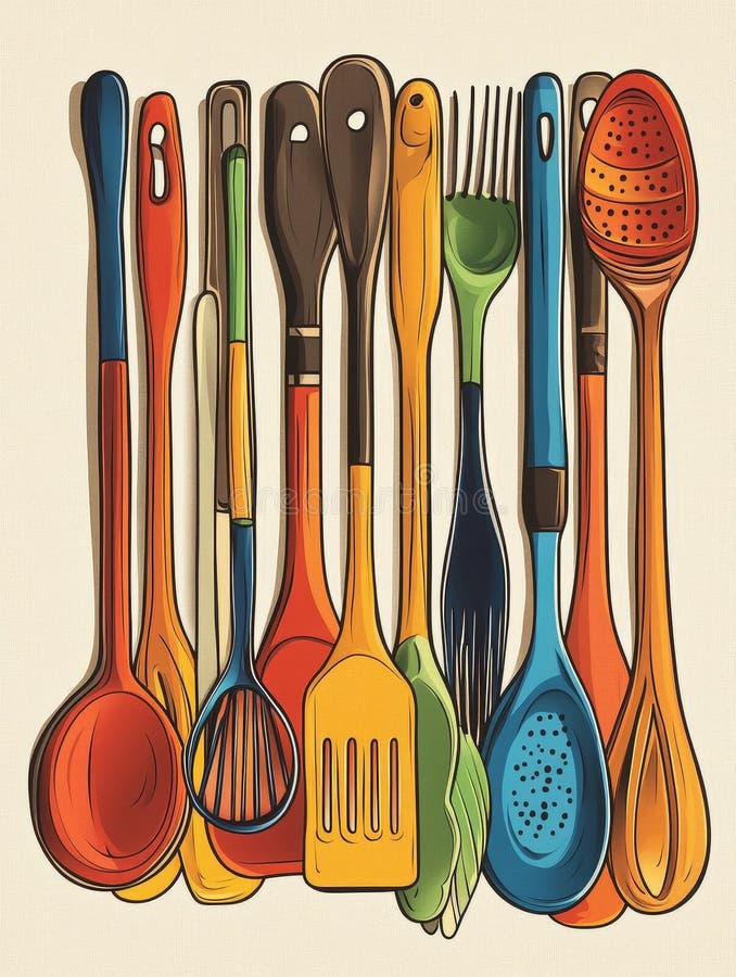 Kitchen Utensils Vibrant Neon Pop Art Stock Illustration - Illustration ...