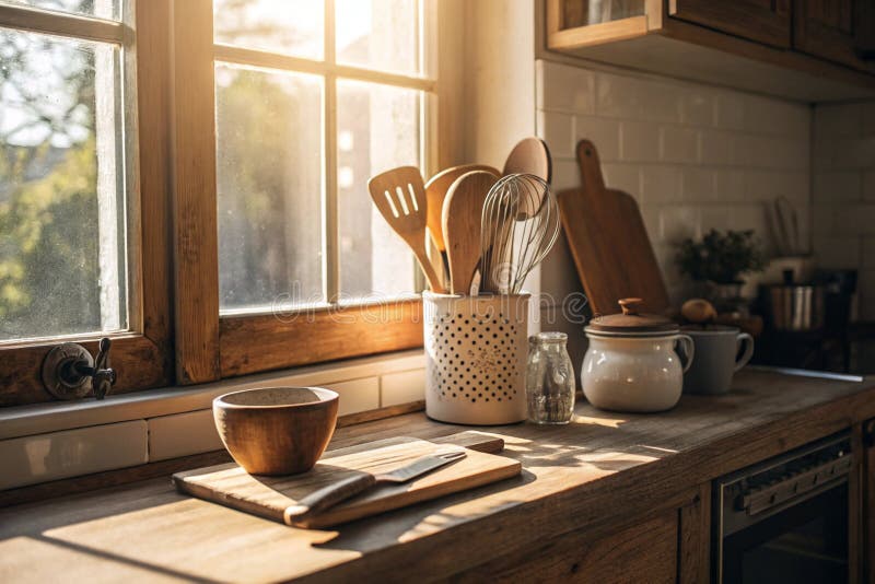 Kitchen Utensils on Warm Rustic Countertop with Sun Rays Stock ...