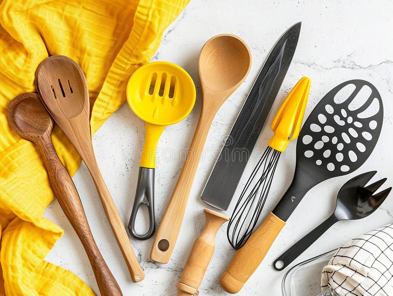 Kitchen Utensils on White Table with Yellow Kitchen Towel Stock ...