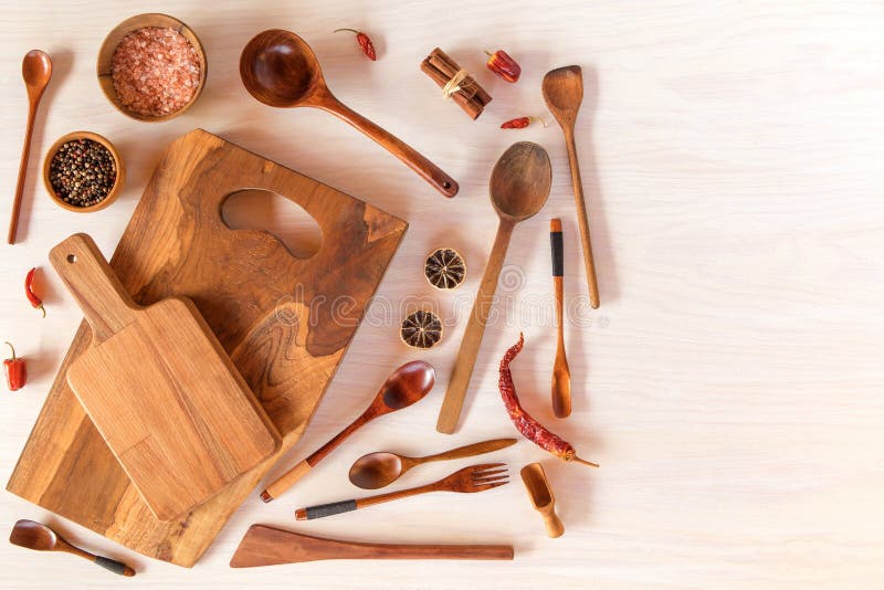 Kitchen Utensils on a Wooden Background. Various Kitchen Utensils on ...