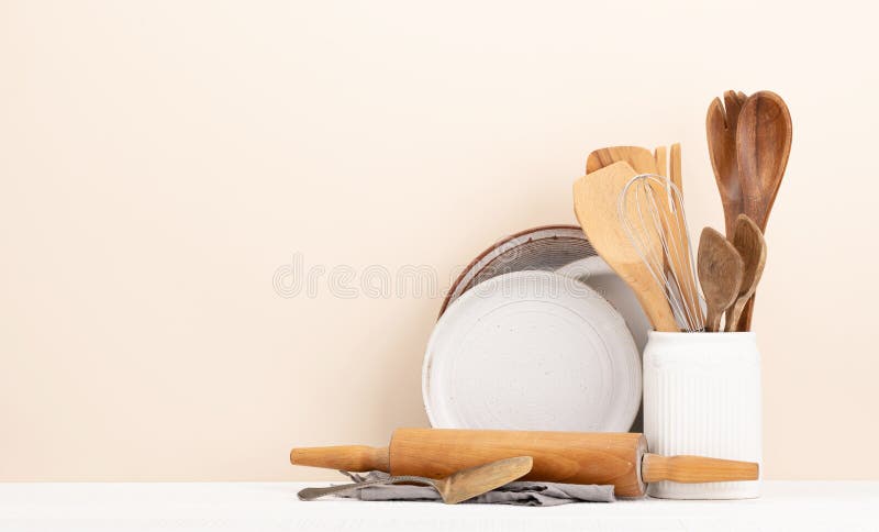 Kitchen Utensils on Wooden Table Stock Photo - Image of utensil ...