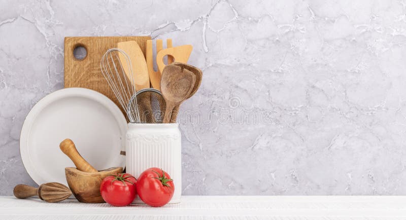 Kitchen Utensils on Wooden Table Stock Image - Image of domestic, wall ...