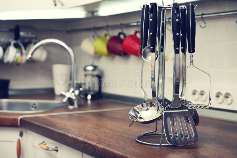 Kitchen Utensils on Work Top Stock Photo - Image of household, items ...