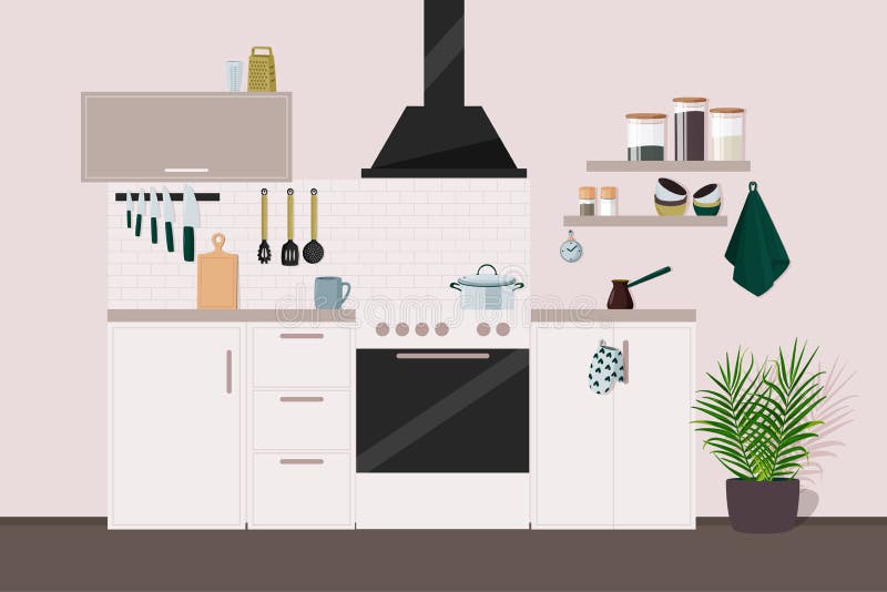 Kitchen Vector Illustration With Kitchenware And Utensils. Cozy Home ...
