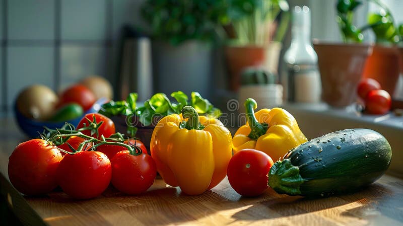 A Kitchen with Vegetables and Fruit on the Counter Stock Photo - Image ...