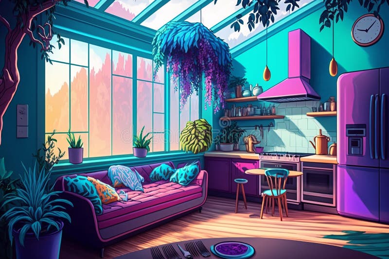 Kitchen with Very High Windows. Afternoon Light Stock Illustration ...