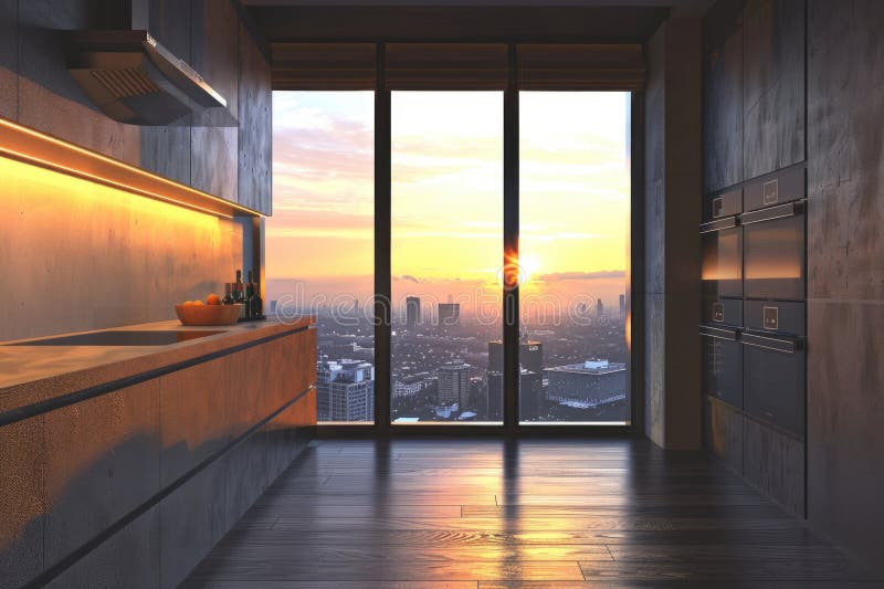 A Kitchen with a View of the City Skyline at Sunset Stock Photo - Image ...