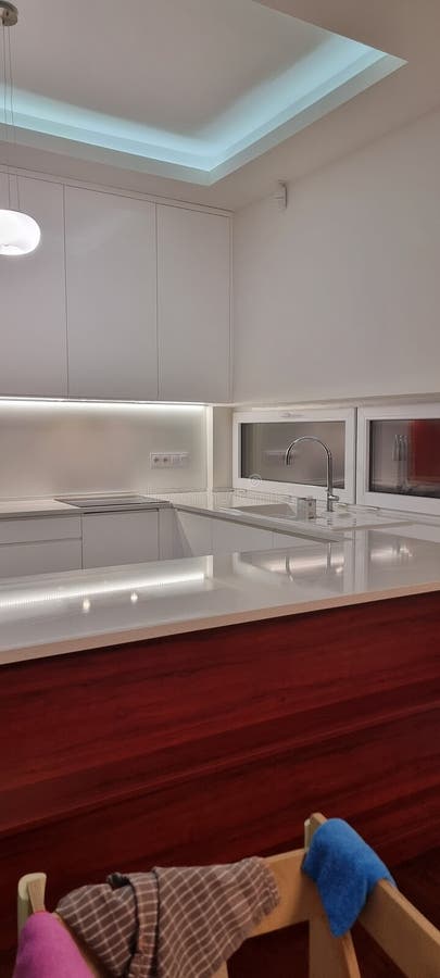 Kitchen, View of the Kitchen Counter, Sink and Induction Hob. Stock ...