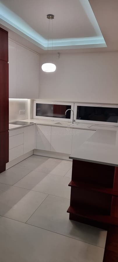Kitchen, View of the Kitchen Counter, Sink and Induction Hob. Stock ...