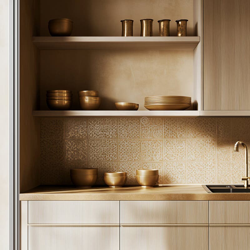 A Kitchen Wall with Arabesque Tiles in a Light Brown Color Stock ...