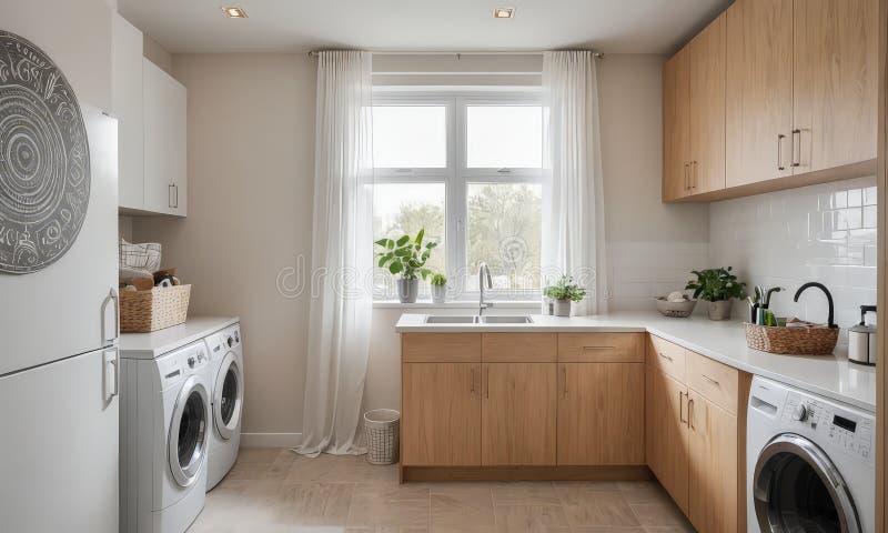 Kitchen with Washing Machine and Window Stock Illustration ...