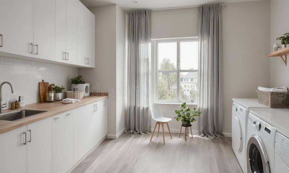 Kitchen with Washing Machine and Window Stock Illustration ...