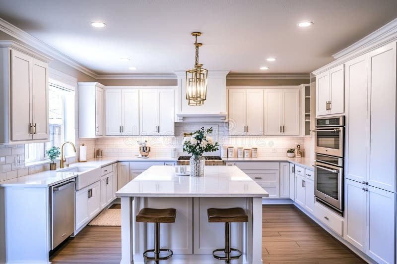 A Kitchen with White Cabinets, Stainless Steel Appliances, and an Island Stock Photo - Image of ...