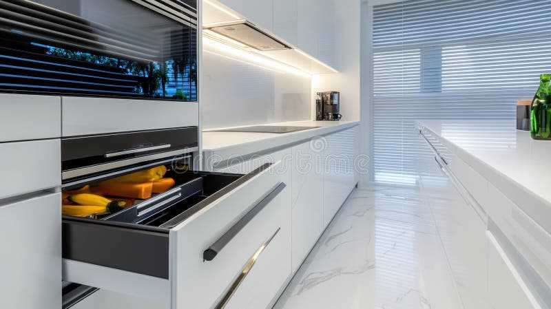 A Kitchen with a White Counter and Cabinets, Open Drawers, AI Stock ...