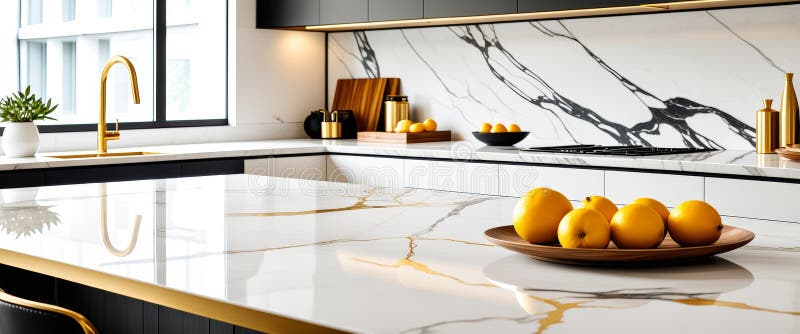 Kitchen with White Marble Countertop in Modern Interior with Empty ...