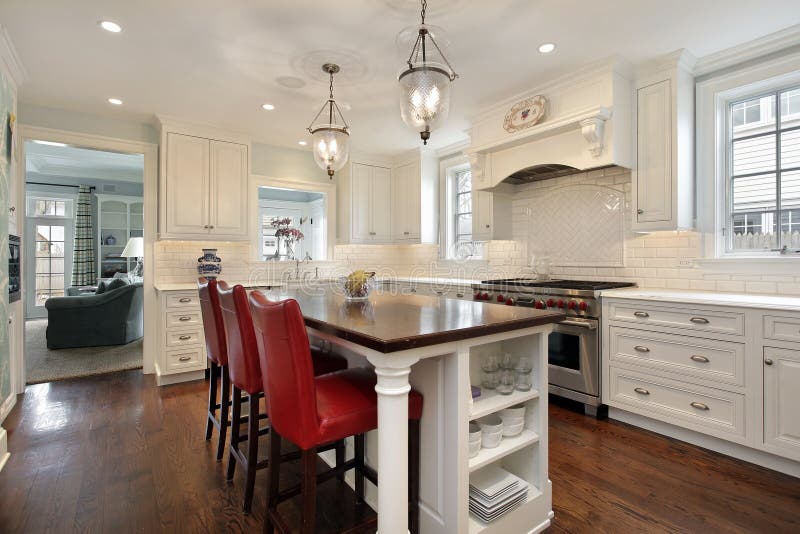 Kitchen with Wood Counter Island Stock Photo - Image of decor, lighting ...