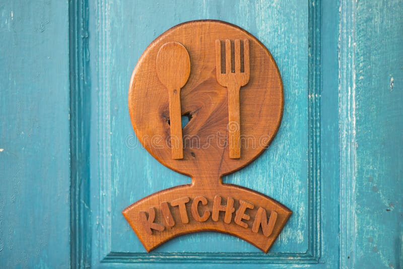 Kitchen Wood Sign Hanging on Green Door Stock Image - Image of kitchen ...