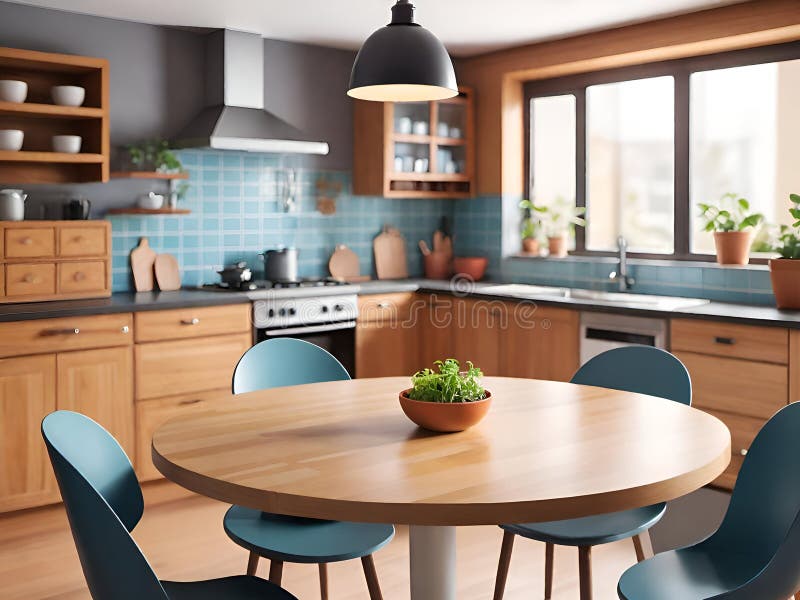 Kitchen Wood Table Top for Product Display with Blurred Interior Stock ...