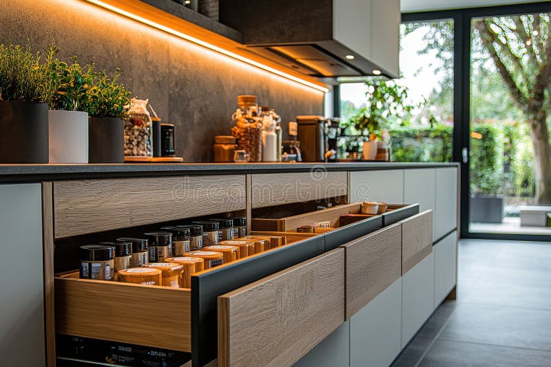 A Kitchen with a Wooden Countertop and a Spice Rack Stock Photo - Image ...