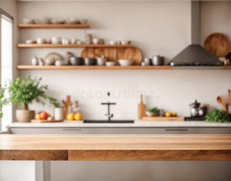 Kitchen Wooden Table with Kitchen Background View Stock Image - Image ...