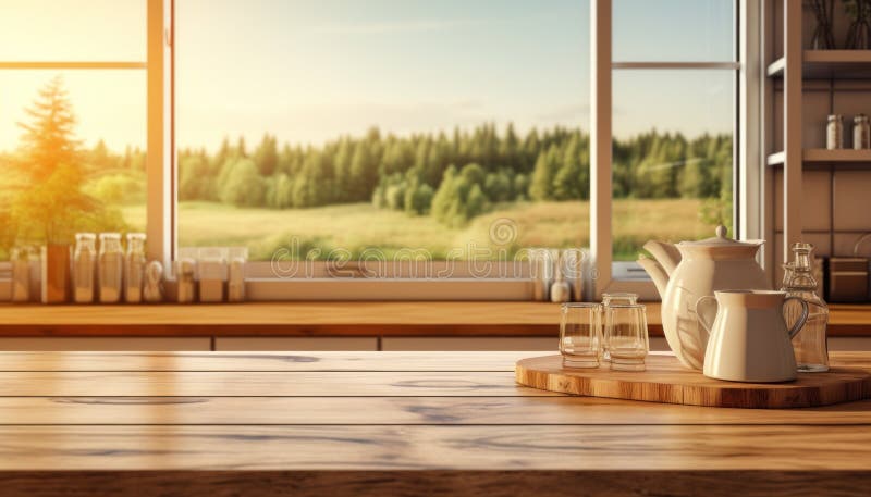 Kitchen Wooden Table with Large Windows Overlooking Field, Stock Photo ...